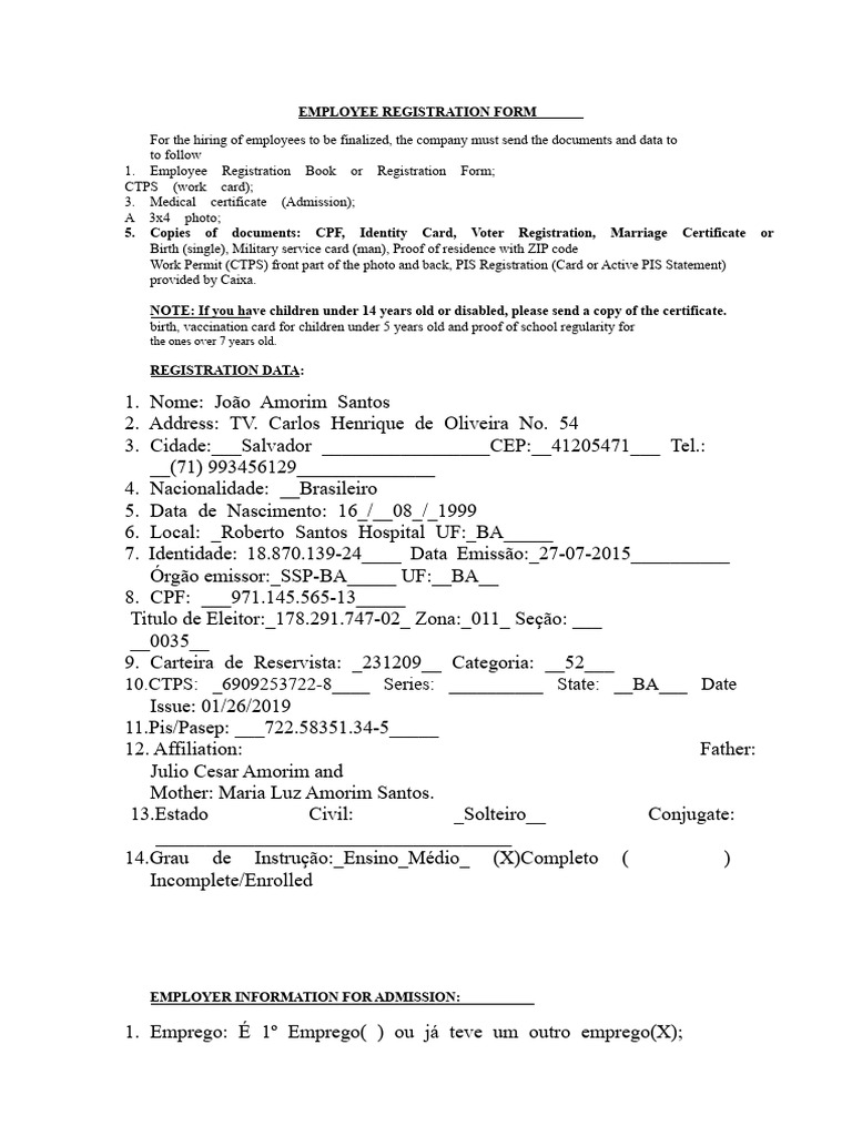 Employee Registration Form Template | PDF | Government And Personhood