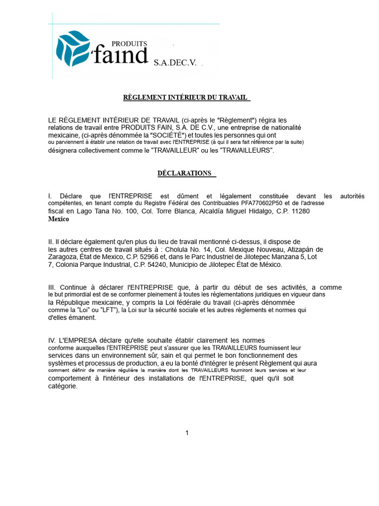 Règlement Intérieur de Travail de Produits Fain | PDF | Business ...