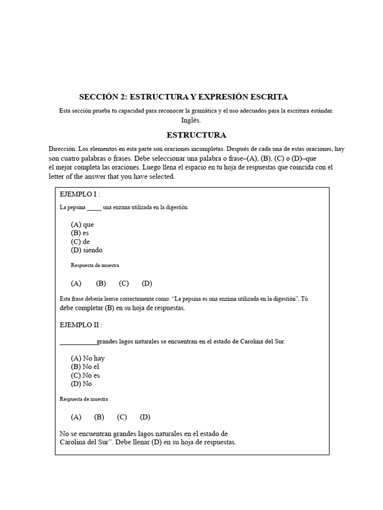 Examen de Estructura y Expresión Escrita Del Toefl | PDF