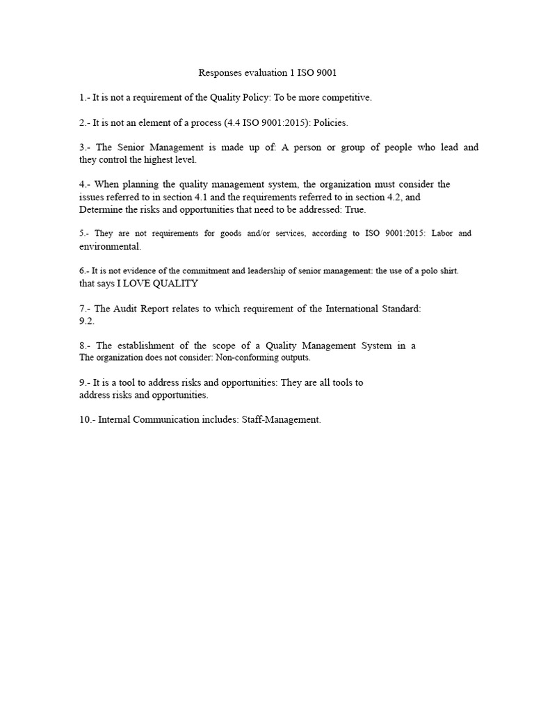 Evaluation Answers 1 ISO 9001 | PDF
