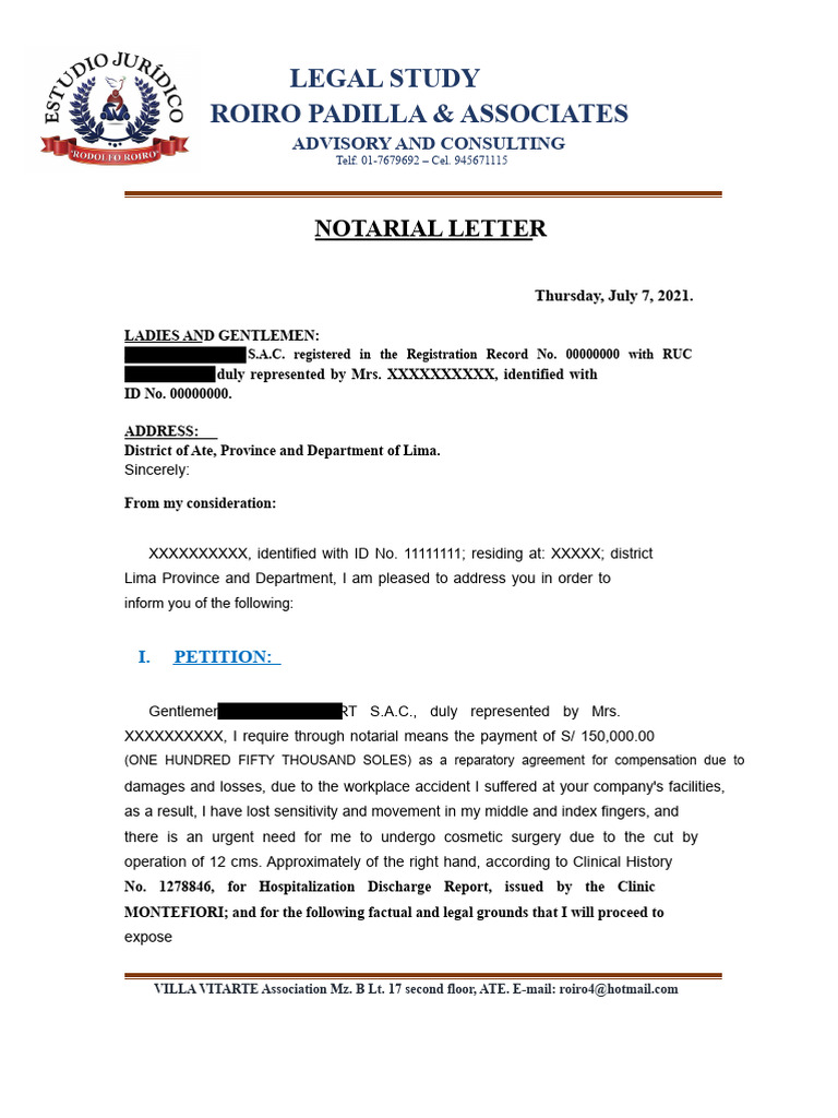 Notarial Letter To A Legal Entity Regarding Workplace Accident ...
