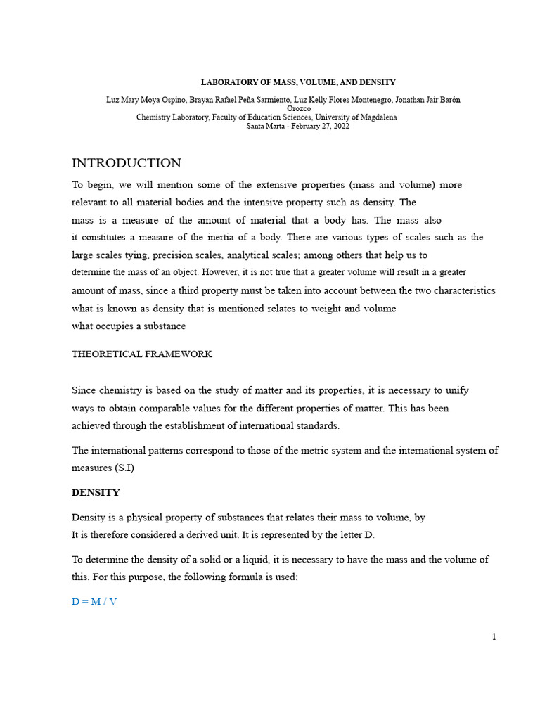Mass, Volume, and Density Laboratory Guide | PDF | Density | Volume