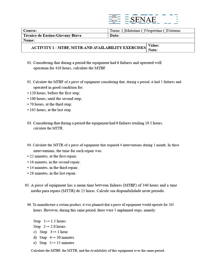 MTBF, MTTR, and Availability Exercises | PDF