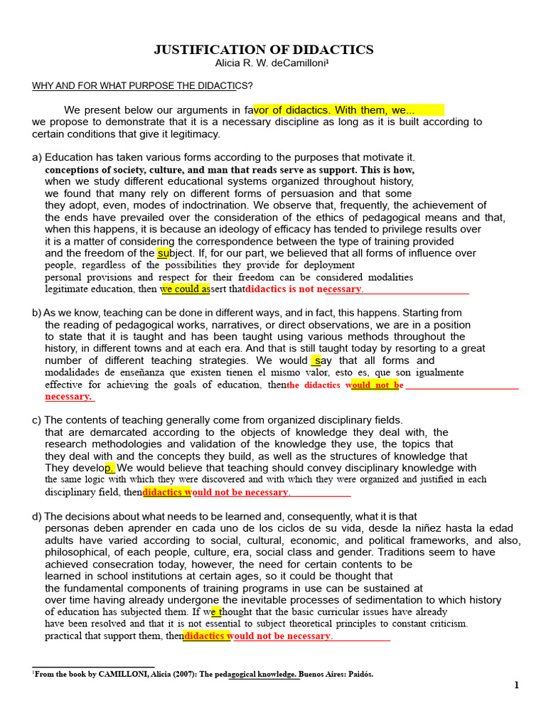 CAMILLONI_Justification_of_didactics | PDF | Pedagogy | Teachers