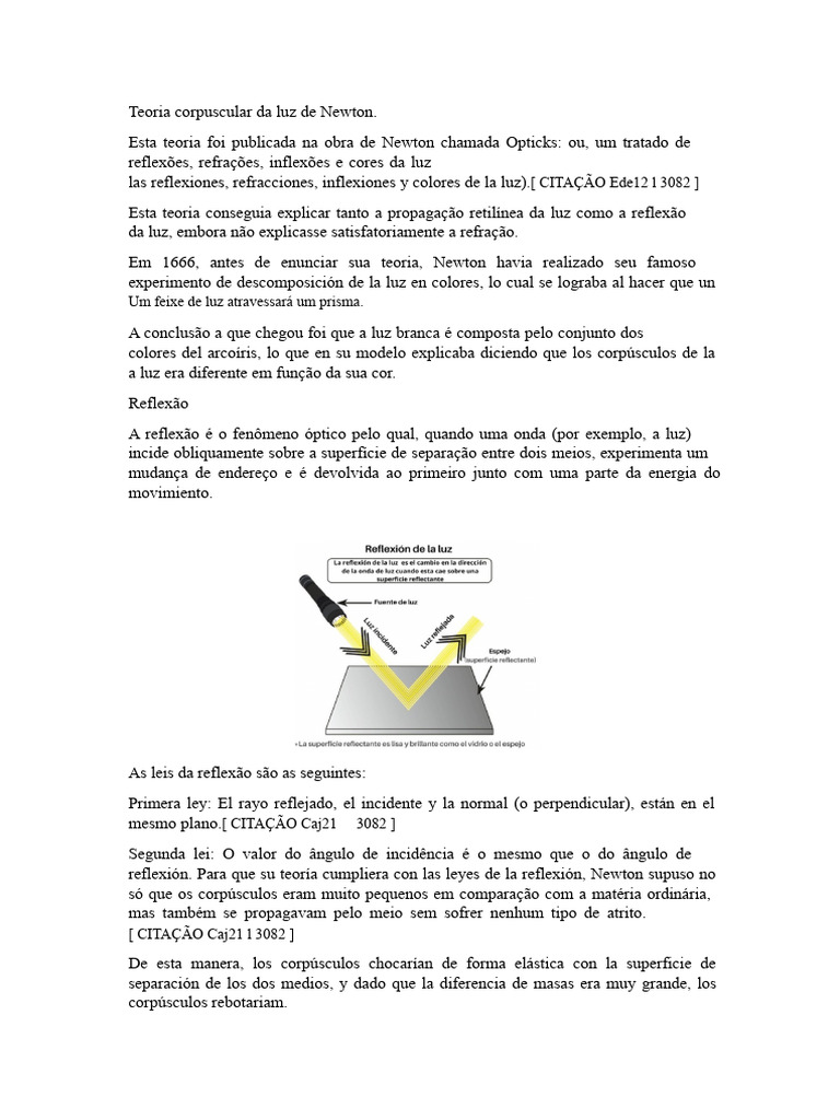 Teoria corpuscular da luz de Newton | PDF | Luz | Reflexão (Física)