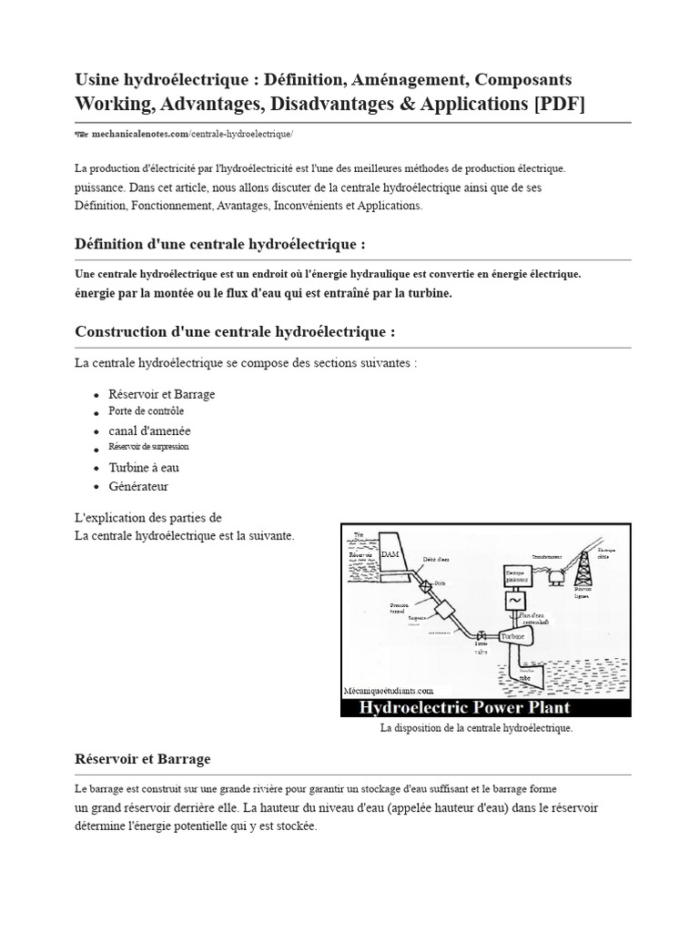 Centrale hydroélectrique : fonctionnement et avantages | PDF | Énergie ...