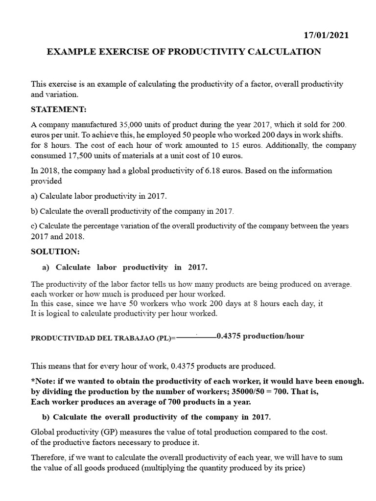 EXAMPLE OF PRODUCTIVITY EXERCISE. | PDF | Business Economics | Business