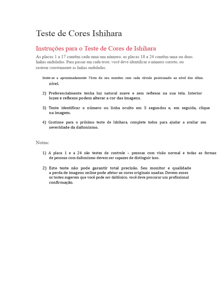 Teste de Cores Ishihara: Instruções e Placas | PDF