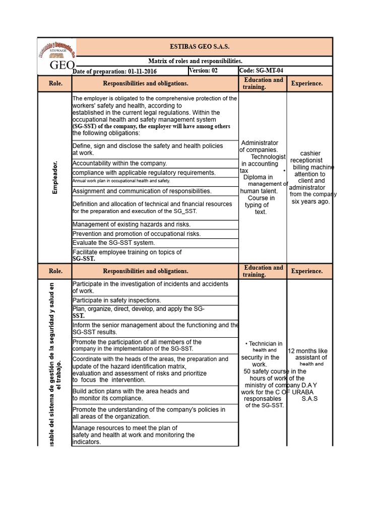 Roles and Responsibilities Matrix | PDF | Occupational Safety And ...
