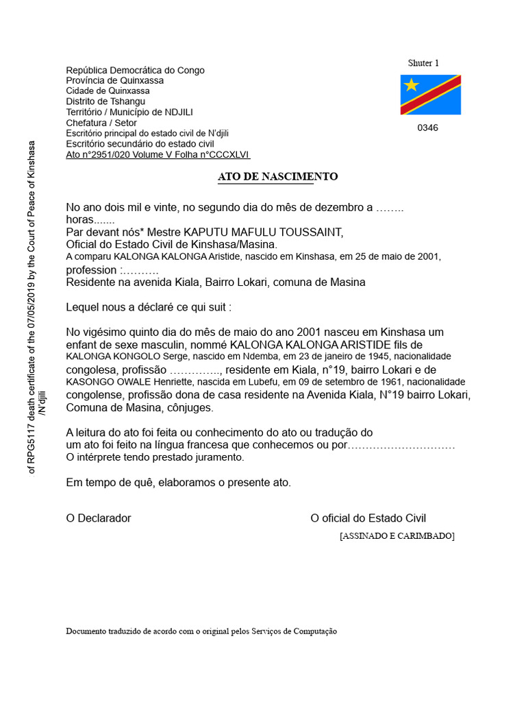 Ato de Nascimento de Kalonga Aristide | PDF
