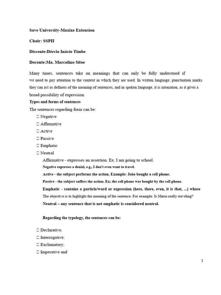 Types and Forms of Sentences | PDF | Sentence (Linguistics) | Syntactic ...