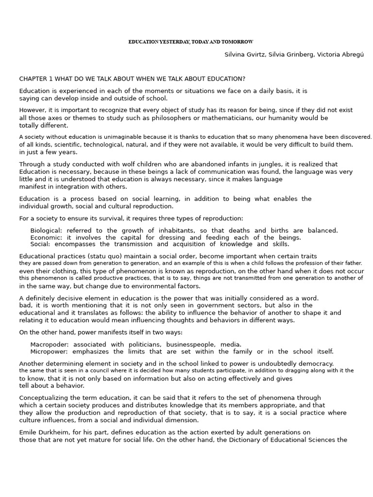 Summary: Education of Yesterday, Today, and Tomorrow | PDF ...