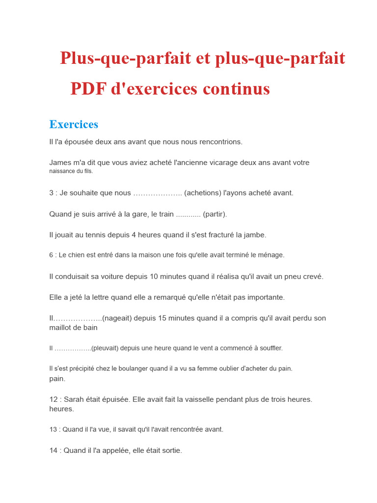 Exercices sur le plus-que-parfait en français | PDF
