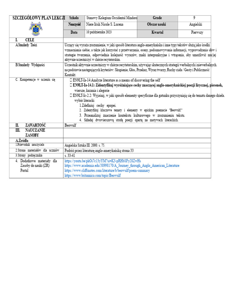 PLAN LEKCJI BEOWULFA G9 | PDF
