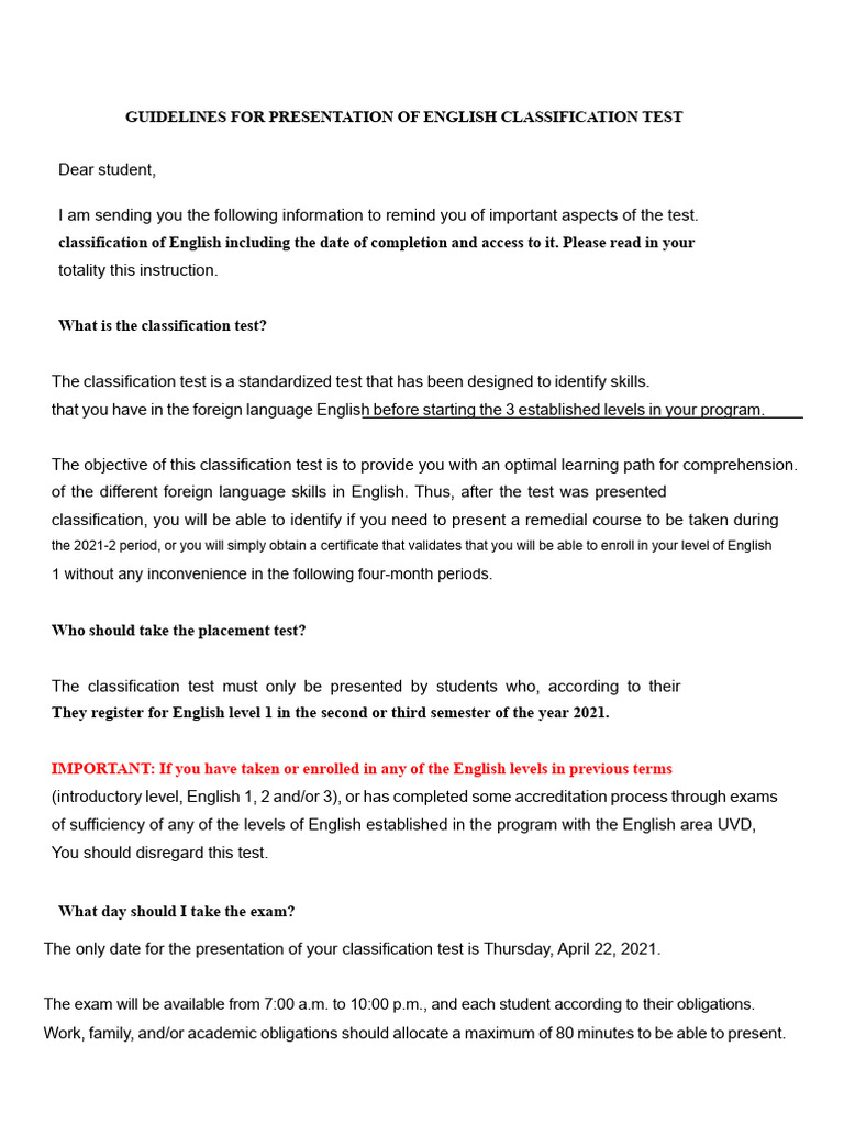 English Classification Test Instructions | PDF