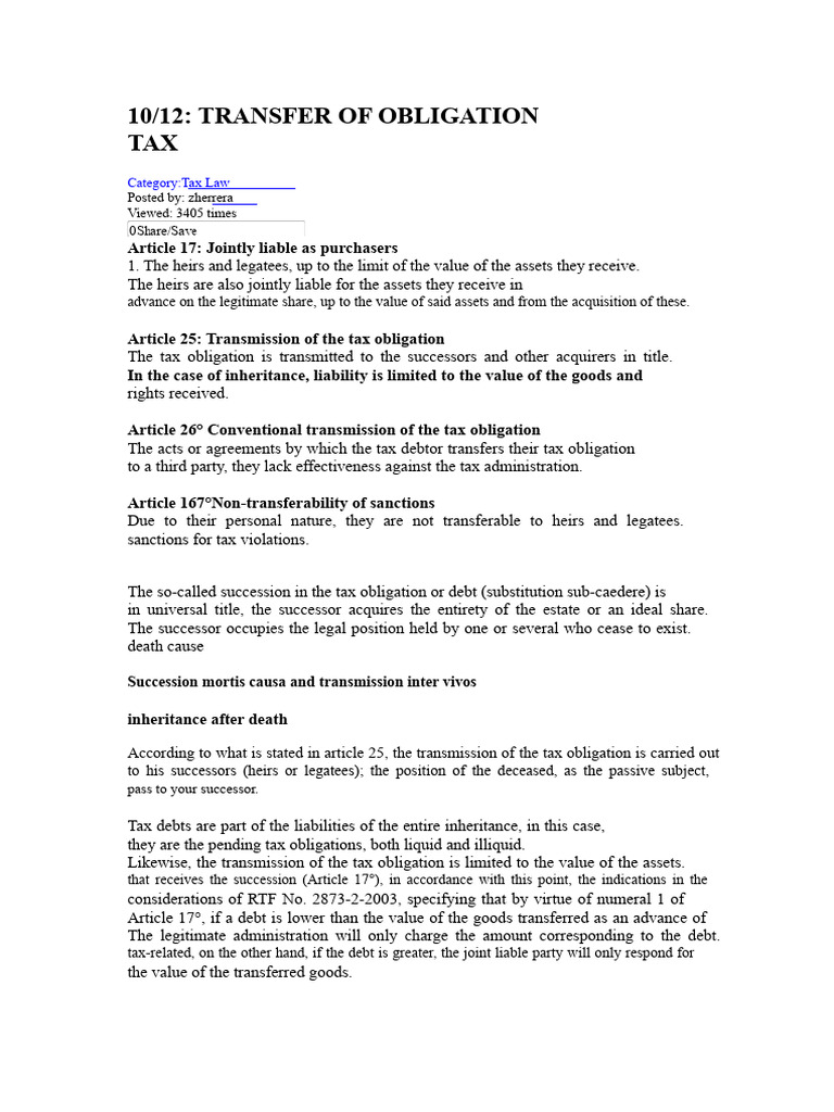 Transmission of the Tax Obligation | PDF | Inheritance | Taxes