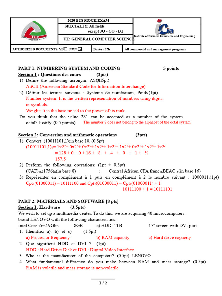 Mock Exam BTS General Information Correction 2 | PDF | Computer Data ...
