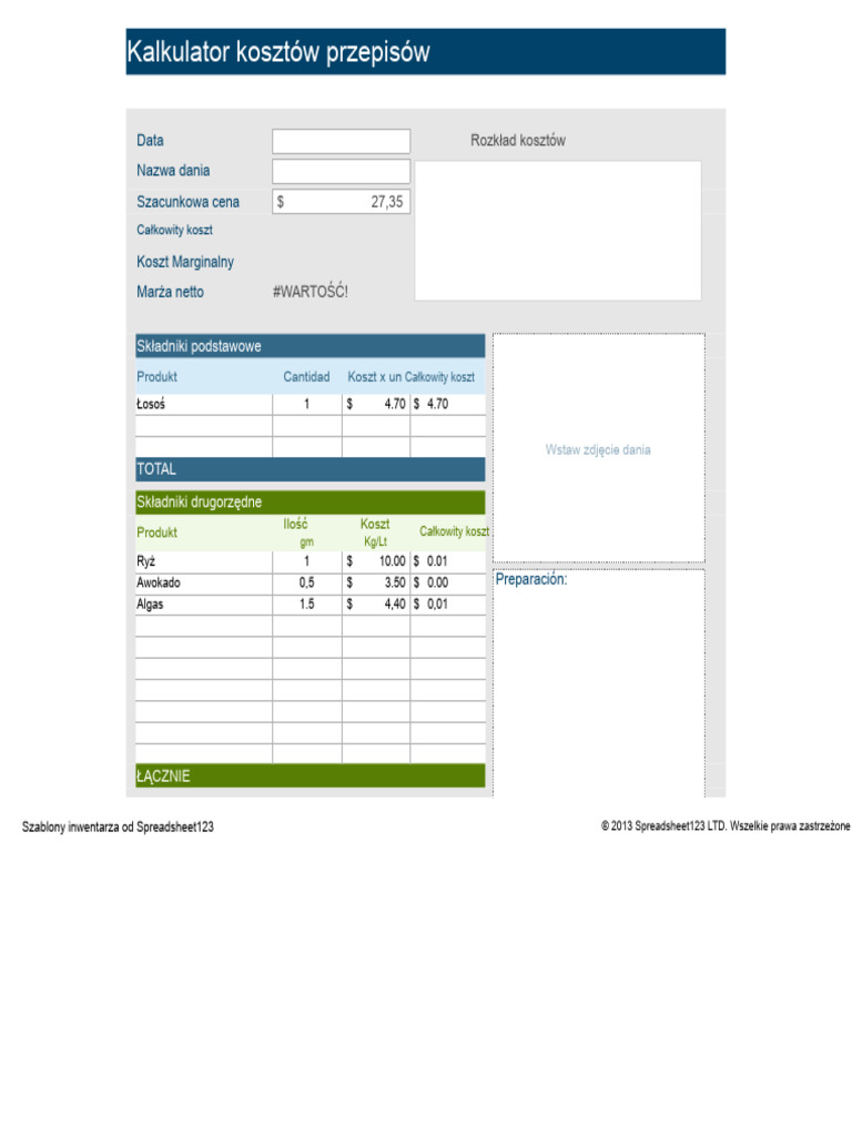 arkusz-excel-kalkulator-kosztów-przepisów | PDF