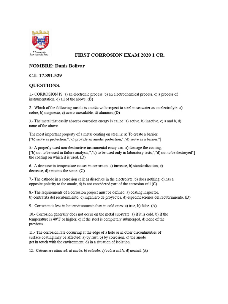 Corrosion Exam Questions and Answers | PDF | Corrosion | Anode