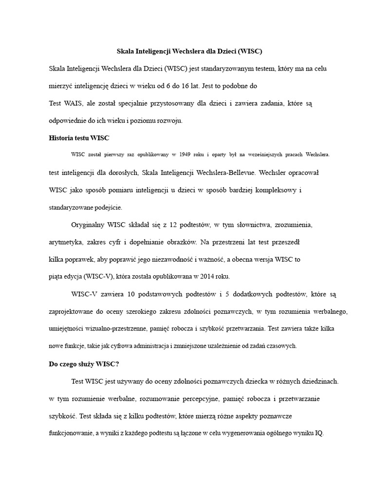 WISC (Skala Inteligencji Wechslera Dla Dzieci) | PDF