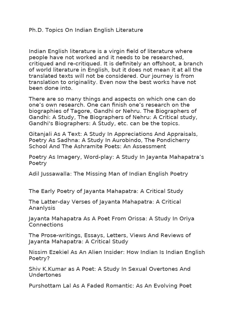 Ph.D. Research Topics in Indian English Literature | PDF | Writing ...
