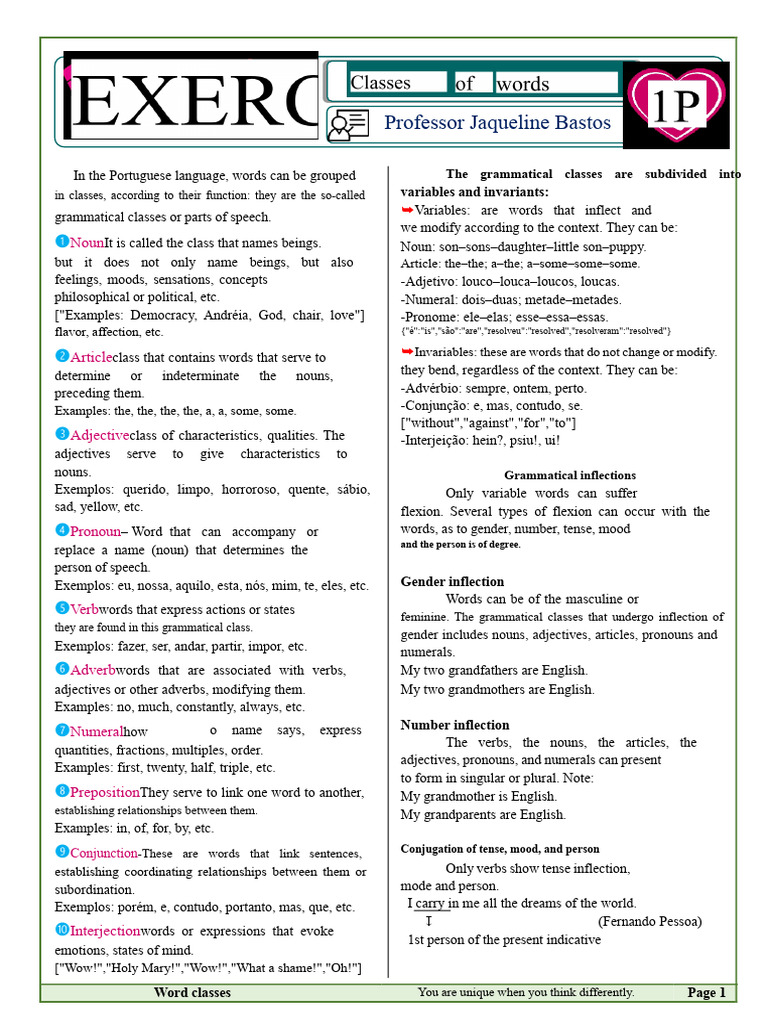 Word Classes - Summary + Exercises - LP (2) (1) (1) | PDF | Adjective ...