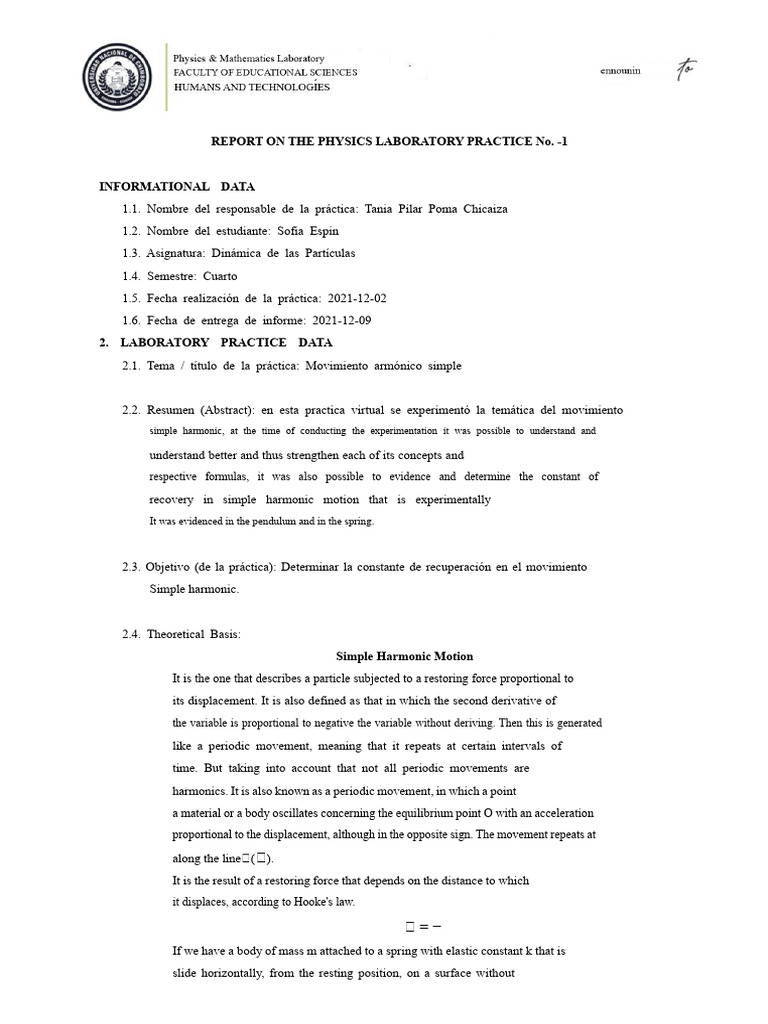 Simple Harmonic Motion Lab Report | PDF | Phase (Waves) | Oscillation