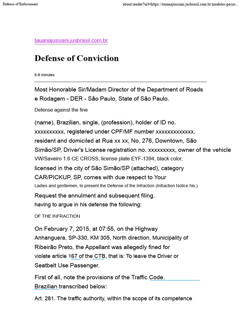 Defense of Infraction - Seatbelt Fine.pdf | PDF | Seat Belt | Burden Of ...