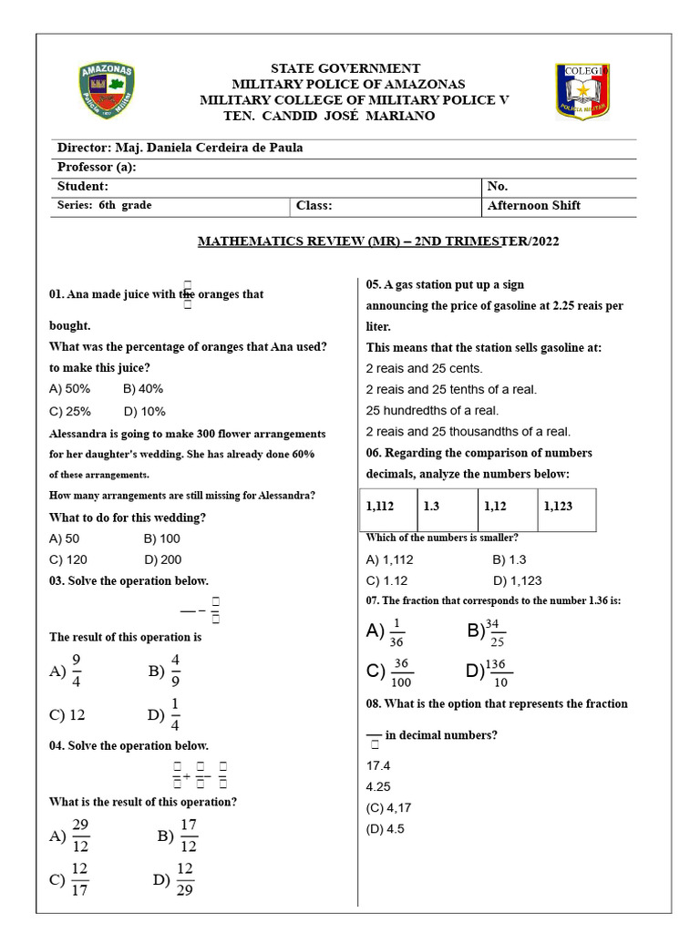 RT - AV - MATHEMATICS 6TH GRADE 2ND TERM 2022 | PDF | Decimal | Percentage