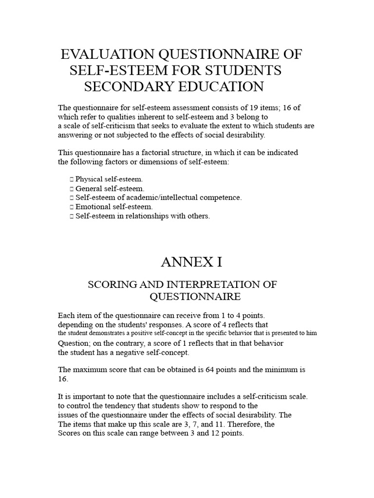 Self-Esteem Assessment Questionnaire For Secondary Education Students ...