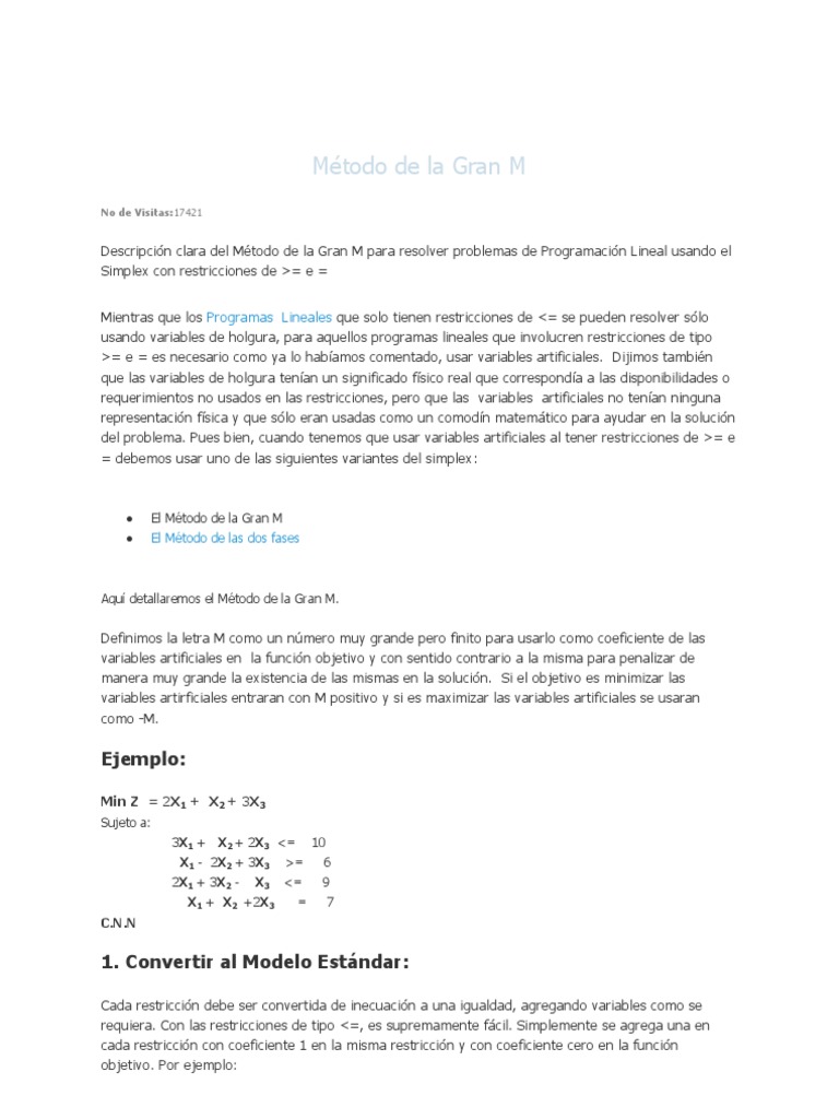 Método de La Gran M | PDF | Programación lineal | Matemáticas Aplicadas