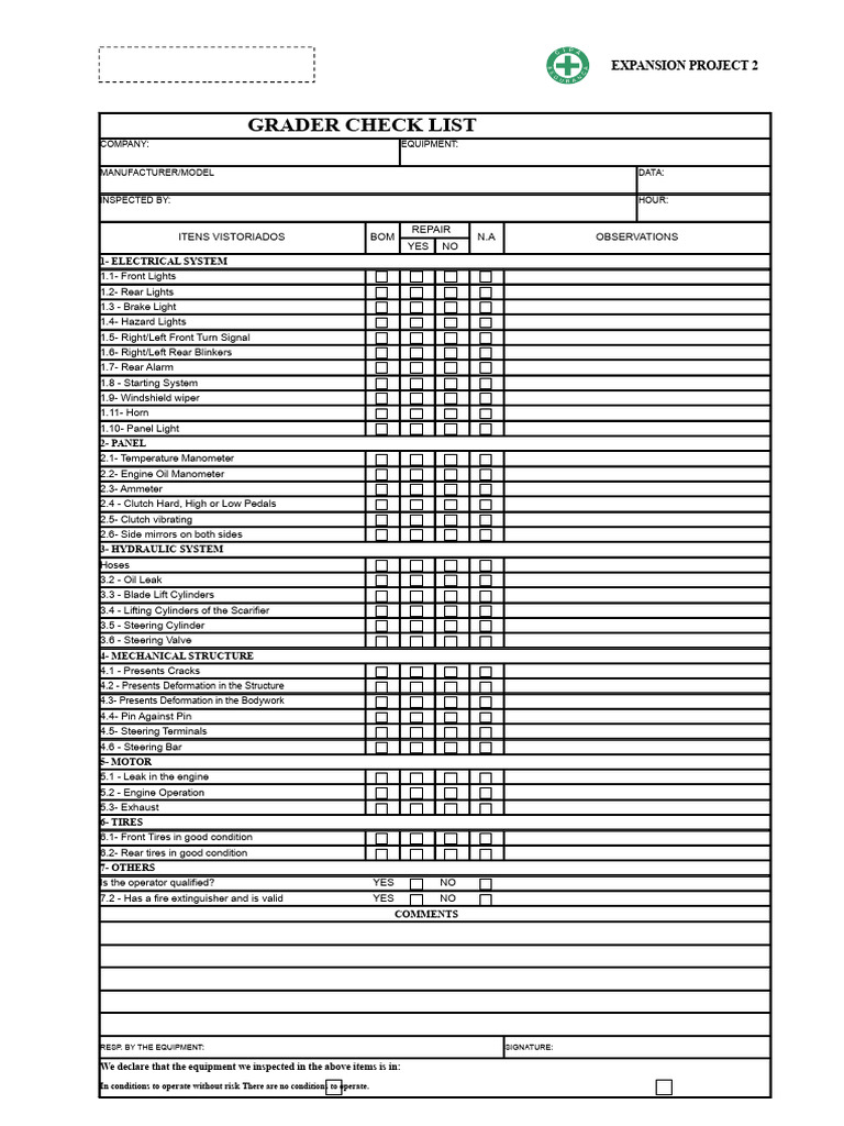 Grader Inspection Checklist Template | PDF