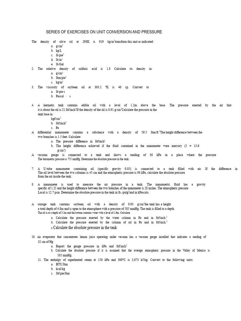 Exercises on Unit Conversion and Pressure | PDF | Pressure | Pressure ...