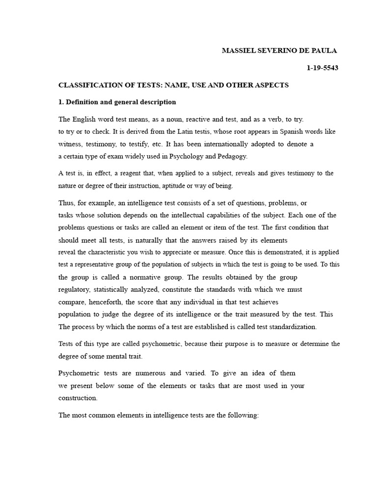 Classification of Tests, Name, Use and Other Aspects | PDF ...