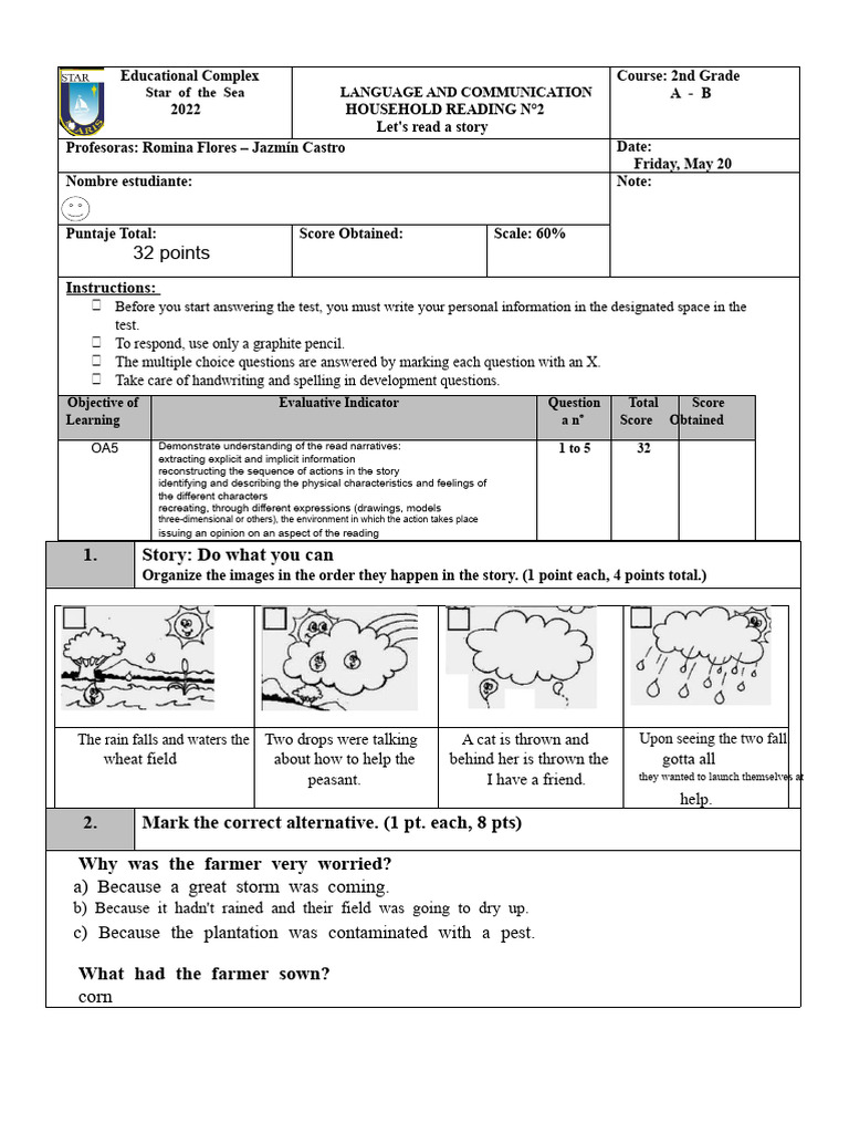 Test 2 of Let's Read a Story. | PDF | Reading Comprehension | Learning