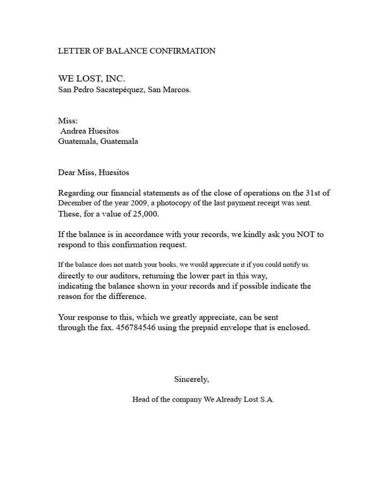 Letter of Balance Confirmation Already Received | PDF