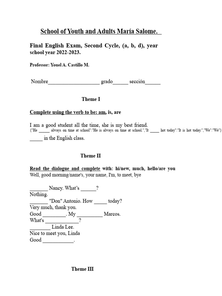 Final English Exam for Youth and Adults | PDF
