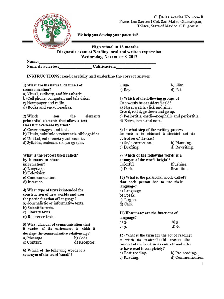 High School Diagnostic Exam Guide | PDF | Linguistics