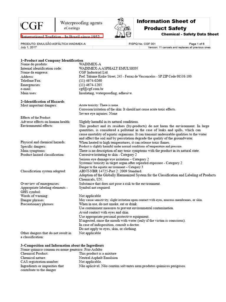 Asphalt Emulsion Safety Data Sheet | PDF | Dangerous Goods | Toxicity