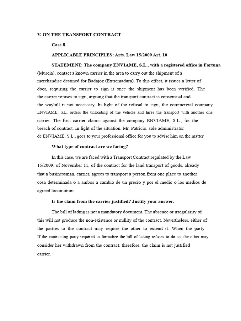 Practical Cases Transport Contract | PDF | Bill Of Lading | Cargo