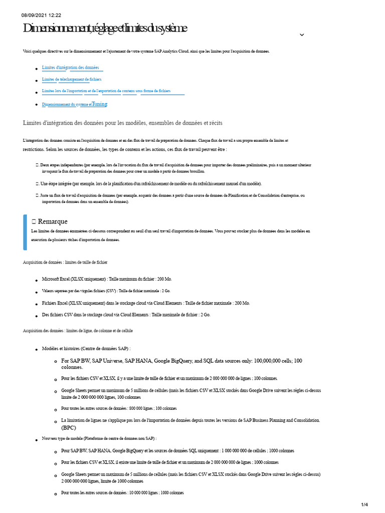 Limites et dimensionnement SAP Analytics | PDF | Microsoft Excel | Workflow