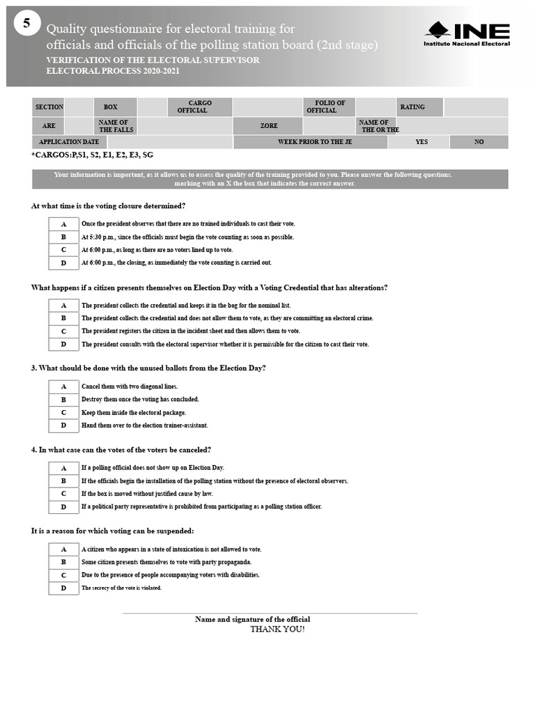 Quality Questionnaire For Electoral Training For Board of Poll Workers ...