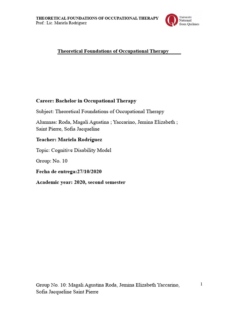 Cognitive Disability Model in OT | PDF | Occupational Therapy | Cognition