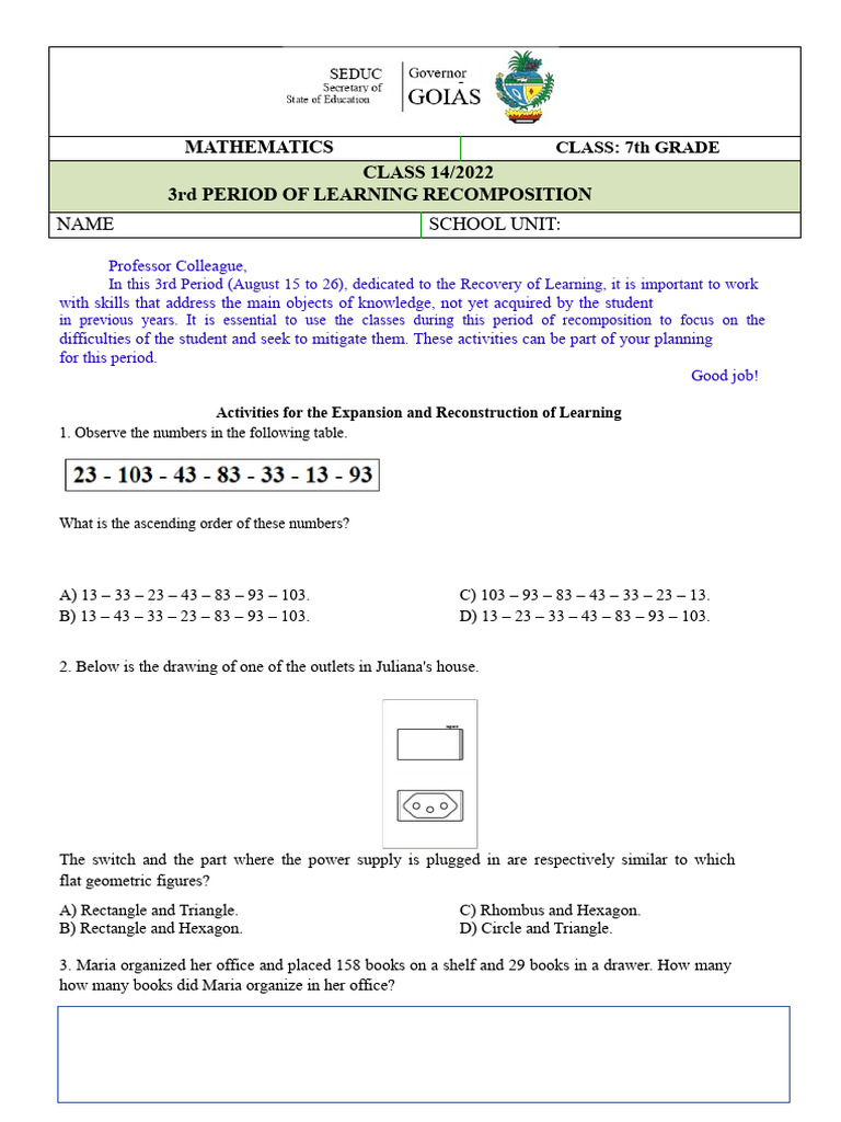 Class 14 - Reconstruction 7th Grade MATH | PDF | Classroom | Mathematics