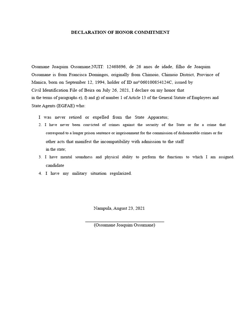 DECLARATION OF COMMITMENT OF HONOR NAMPULA OSSUMANE | PDF