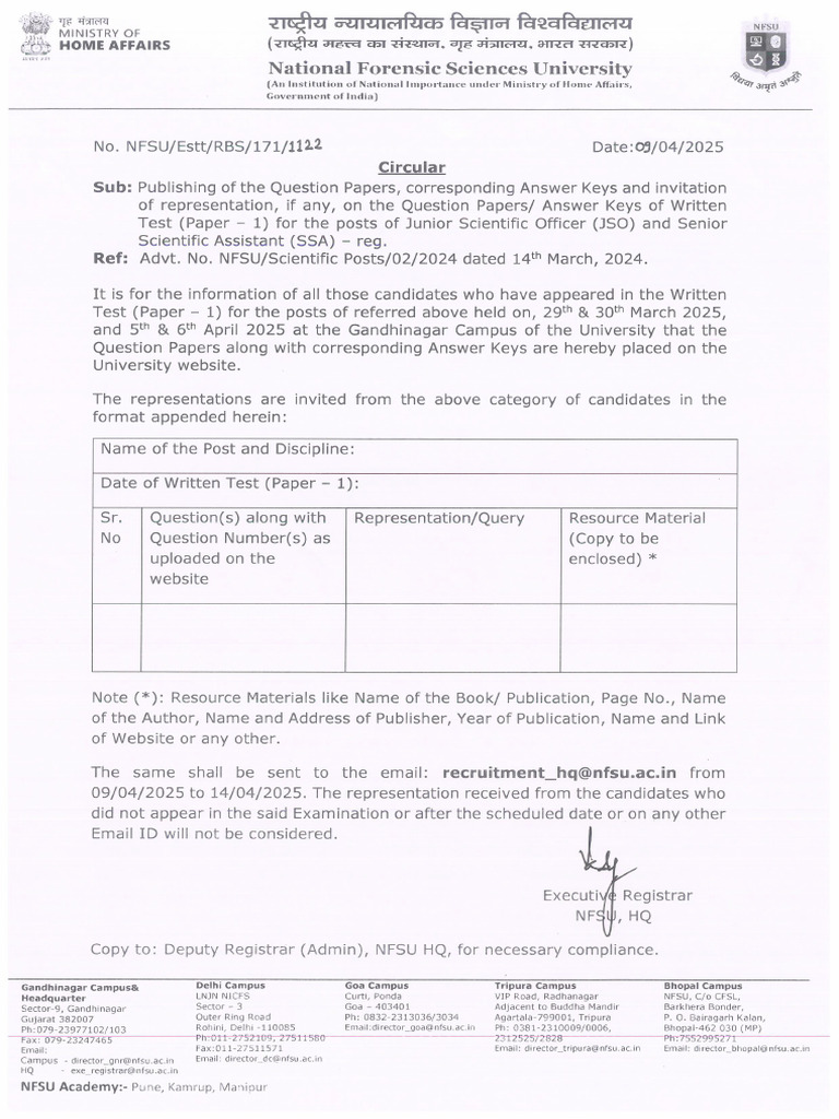 Of Question Paper and Answer Key - JSO & SSA Written Test | PDF