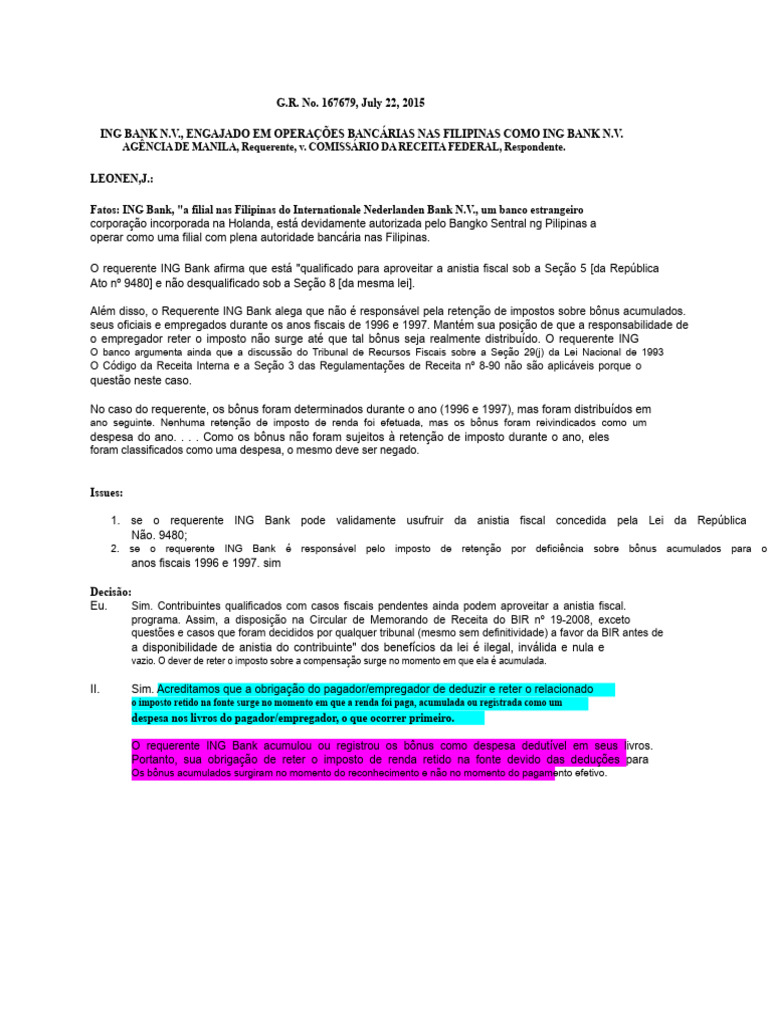 3. ING Bank N.V. vs. CIR, 763 SCRA 359 (2015) | PDF | Impostos ...