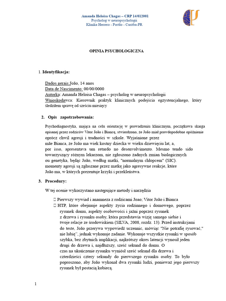 Model Raport Psychologiczny 2019 | PDF