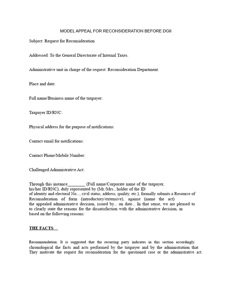 MODEL RECONSIDERATION APPEAL BEFORE DGII | PDF | Judgment (Law) | Justice