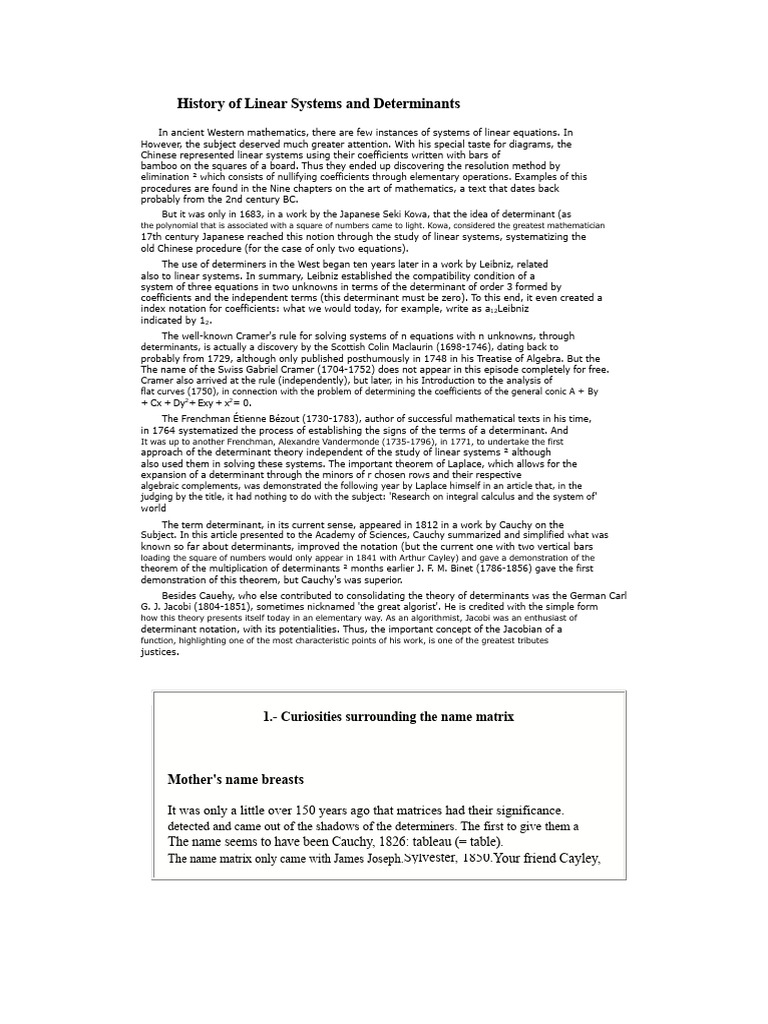 History of Linear Systems and Determinants | PDF | Matrix (Mathematics ...